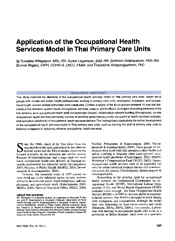 (PDF) Application of the Occupational Health Services Model in Thai ...