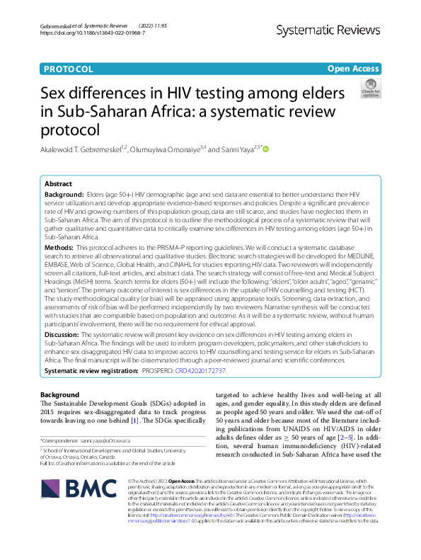 Pdf Sex Differences In Hiv Testing Among Elders In Sub Saharan Africa