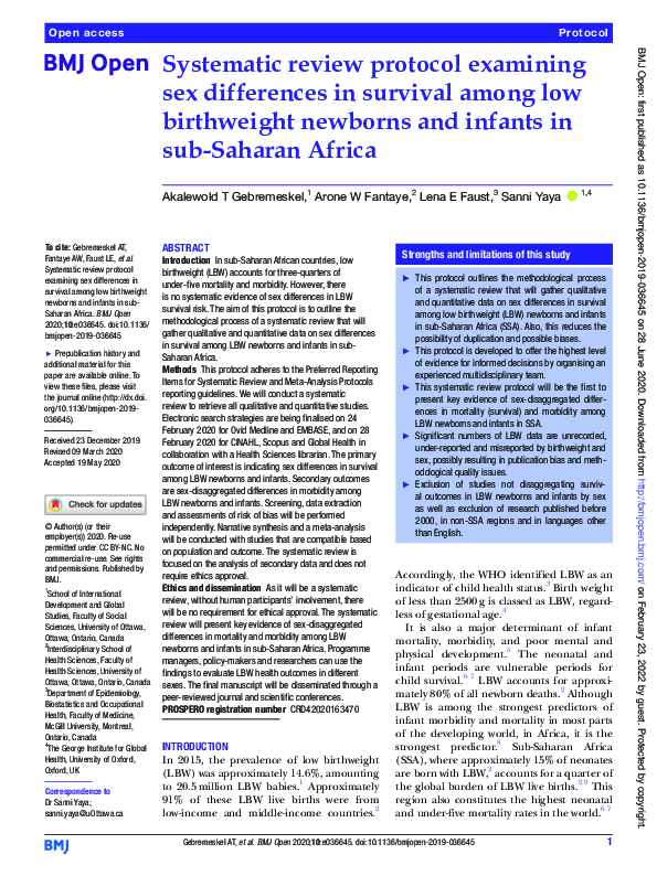 Pdf Systematic Review Protocol Examining Sex Differences In Survival Among Low Birthweight