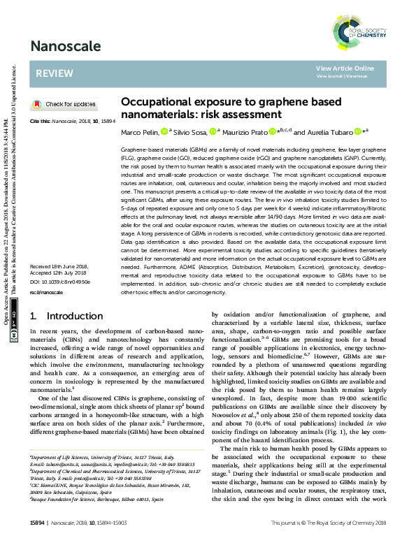 (PDF) Occupational exposure to graphene based nanomaterials: risk assessment | Aurelia Tubaro ...