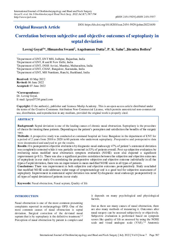 (PDF) Correlation between subjective and objective outcomes of septoplasty in septal deviation