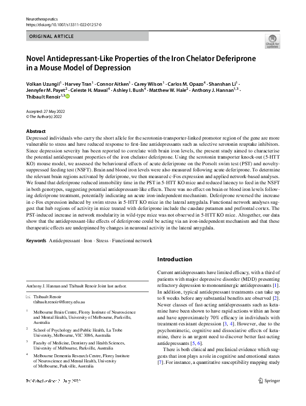 (PDF) Novel Antidepressant-Like Properties of the Iron Chelator ...