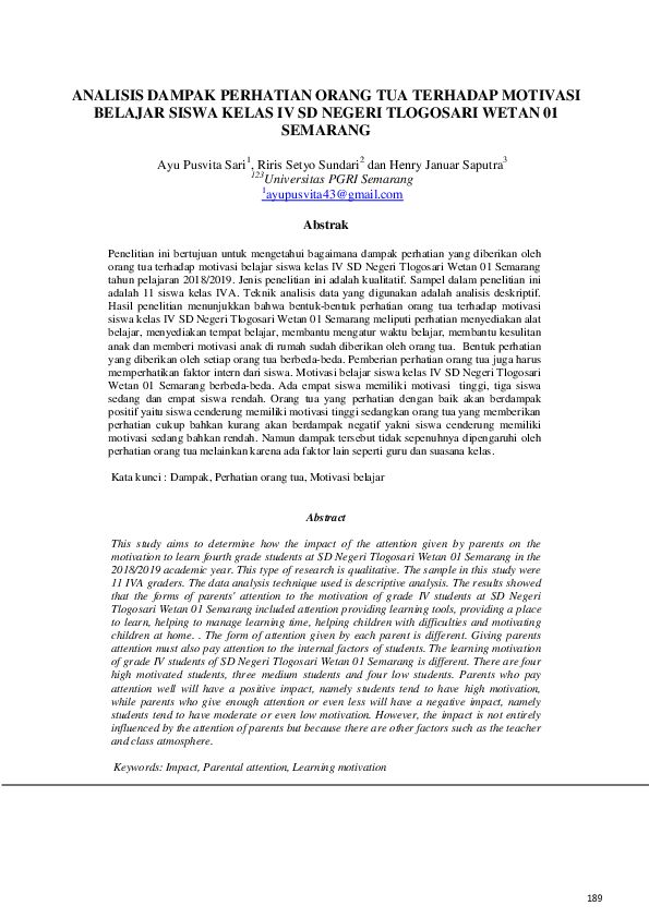 (PDF) Analisis Dampak Perhatian Orang Tua Terhadap Motivasi Belajar Siswa Kelas IV SD Negeri ...