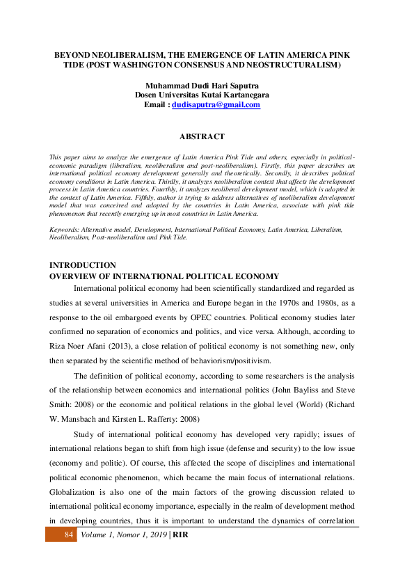 (PDF) Beyond Neoliberalism, the Emergence of Latin America Pink Tide (Post Washington Consensus ...