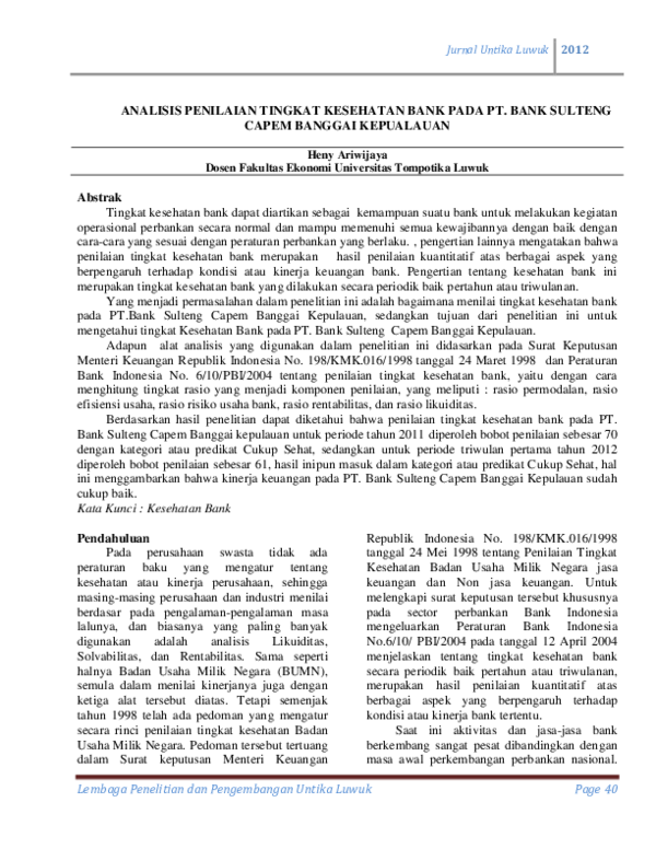 (PDF) Analisis Penilaian Tingkat Kesehatan Bank Pada Pt. Bank Sulteng Capem Banggai Kepulauan ...