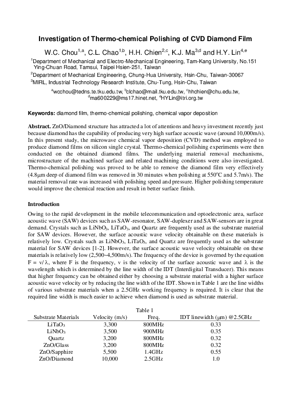 (PDF) Investigation of thermo-chemical polishing of CVD diamond film