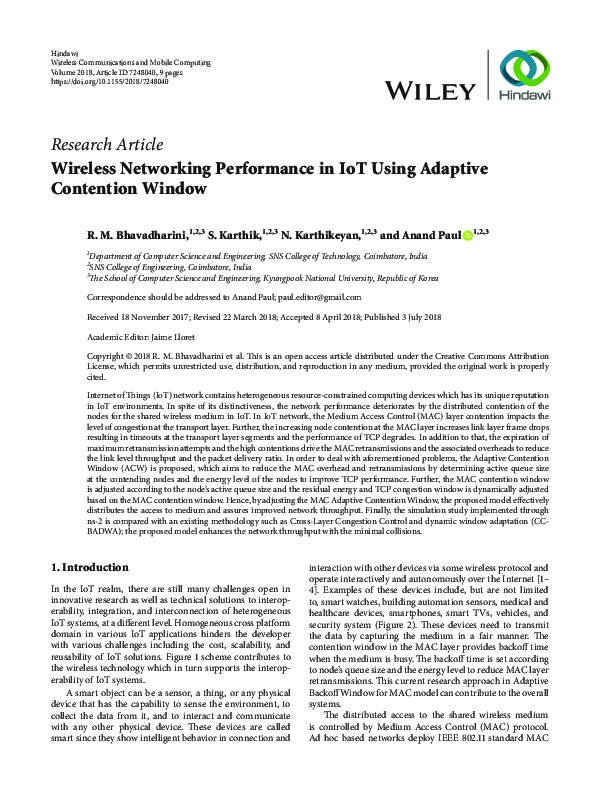 (PDF) Wireless Networking Performance in IoT Using Adaptive Contention Window