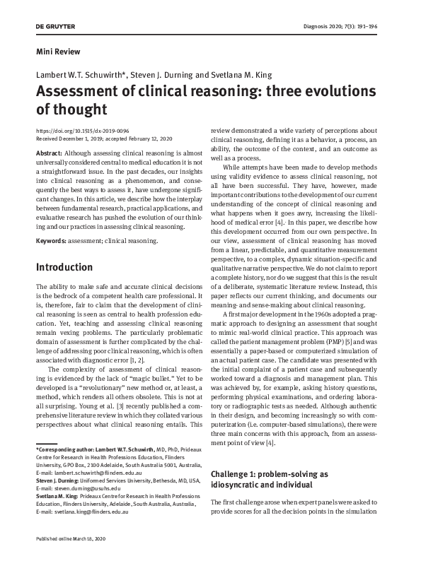 (PDF) Assessment of clinical reasoning: three evolutions of thought
