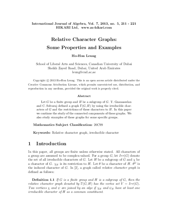(PDF) Relative character graphs: some properties and examples