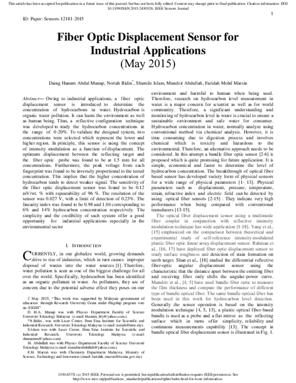 (PDF) Fiber Optic Displacement Sensor for Industrial Applications