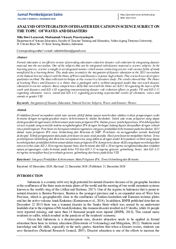 (PDF) Analysis of Integration of Disaster Education in Science Subject ...