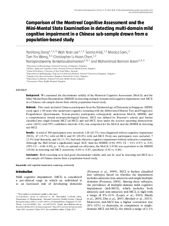 (PDF) Comparison of the Montreal Cognitive Assessment and the Mini-Mental State Examination in ...