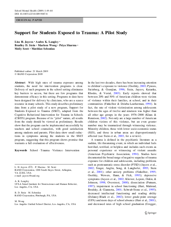 (PDF) Support for Students Exposed to Trauma: A Pilot Study