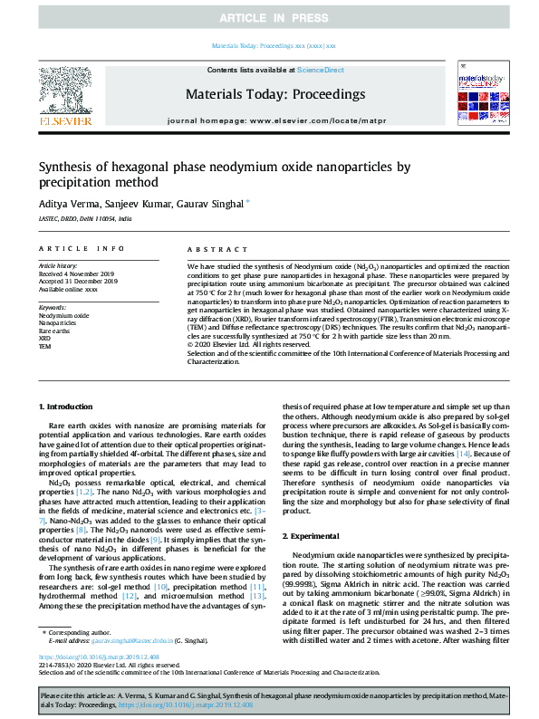 (PDF) Synthesis of hexagonal phase neodymium oxide nanoparticles by ...