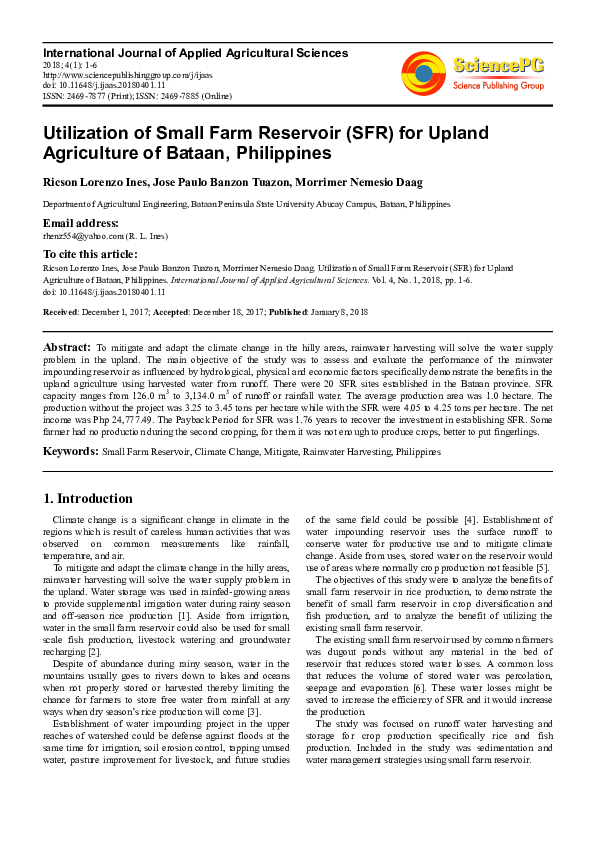 (PDF) Utilization of Small Farm Reservoir (SFR) for Upland Agriculture ...