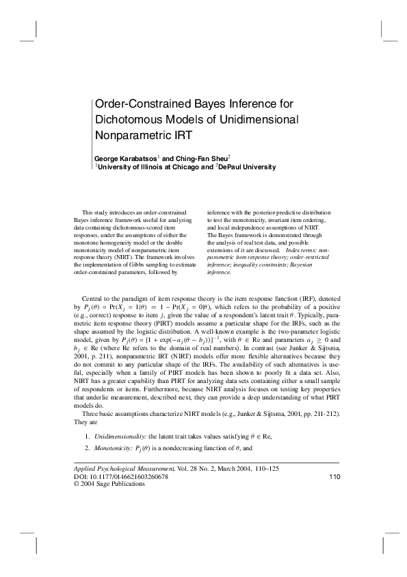 (PDF) Order-Constrained Bayes Inference for Dichotomous Models of Unidimensional Nonparametric IRT