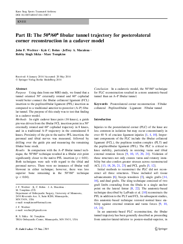 (PDF) Part II: The 50°/60° fibular tunnel trajectory for posterolateral ...