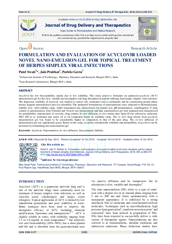 Pdf Formulation And Evaluation Of Acyclovir Loaded Novel Nano Emulsion Gel For Topical