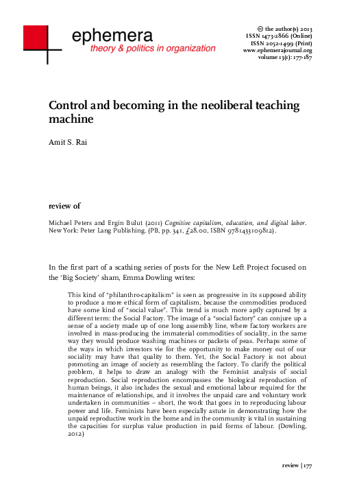 (PDF) Control and becoming in the neoliberal teaching machine