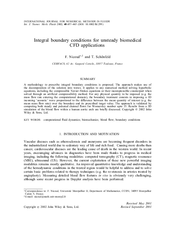 (PDF) Integral boundary conditions for unsteady biomedical CFD applications