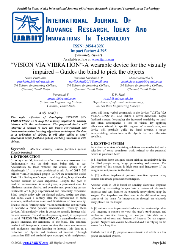 (PDF) “VISION VIA VIBRATION”-A wearable device for the visually ...