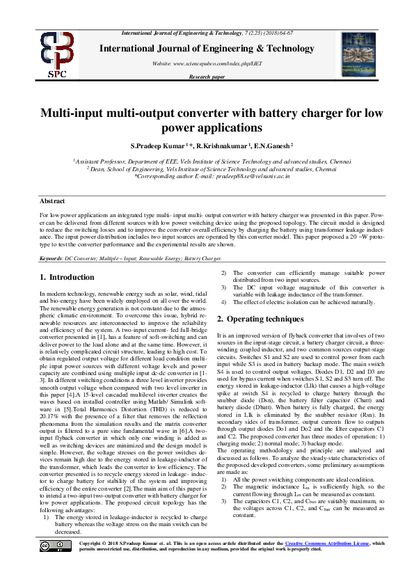 (PDF) Multi-input multi-output converter with battery charger for low power applications