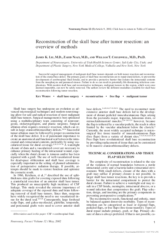 (PDF) Reconstruction of the skull base after tumor resection: an overview of methods