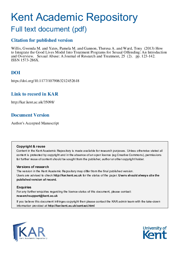 (PDF) How to Integrate the Good Lives Model Into Treatment Programs for ...