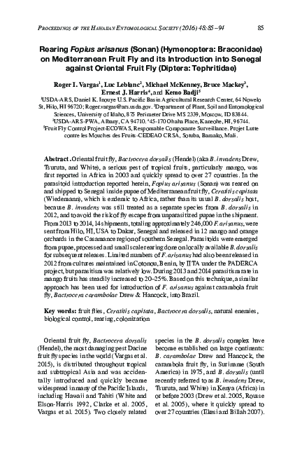 (PDF) Rearing Fopius arisanus (Sonan) (Hymenoptera: Braconidae) on ...