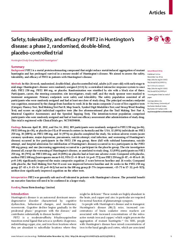(PDF) Safety, tolerability, and efficacy of PBT2 in Huntington's ...