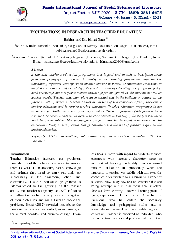 (PDF) Inclinations in Research in Teacher Education