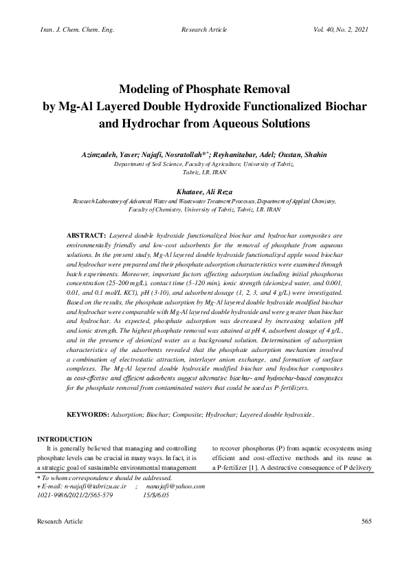(PDF) Modeling of Phosphate Removal by Mg/Al-LDH Functionalized Biochar and Hydrochar from ...