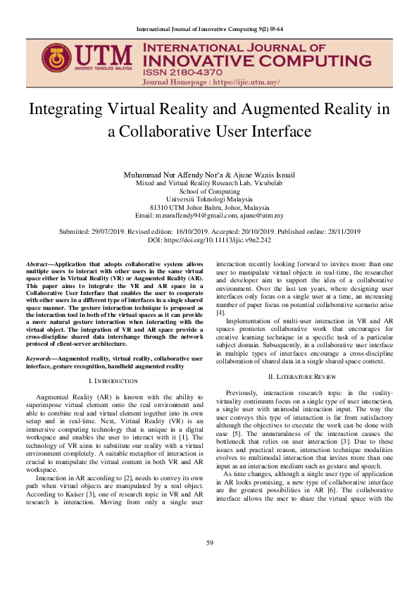 Pdf Integrating Virtual Reality And Augmented Reality In A Collaborative User Interface