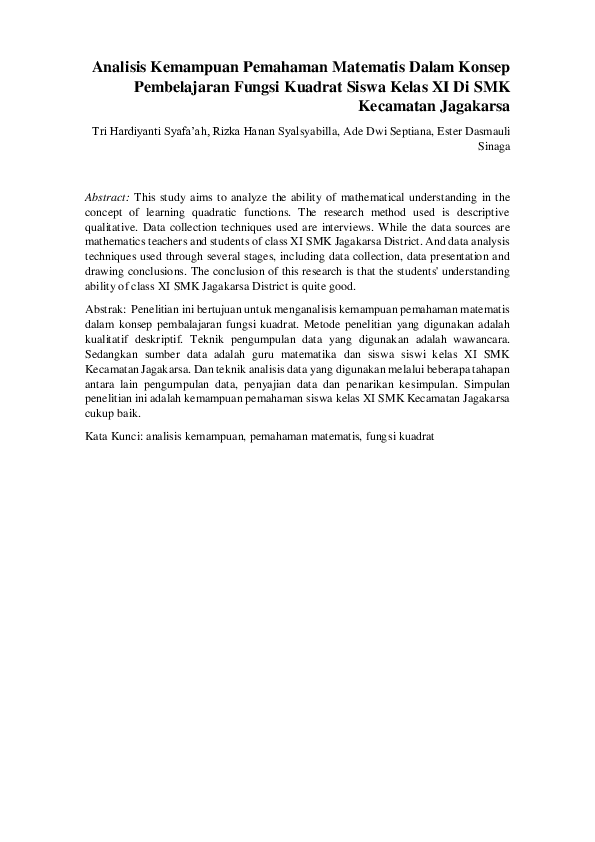(PDF) Analisis Kemampuan Pemahaman Matematis Dalam Konsep Pembelajaran Fungsi Kuadrat Siswa ...