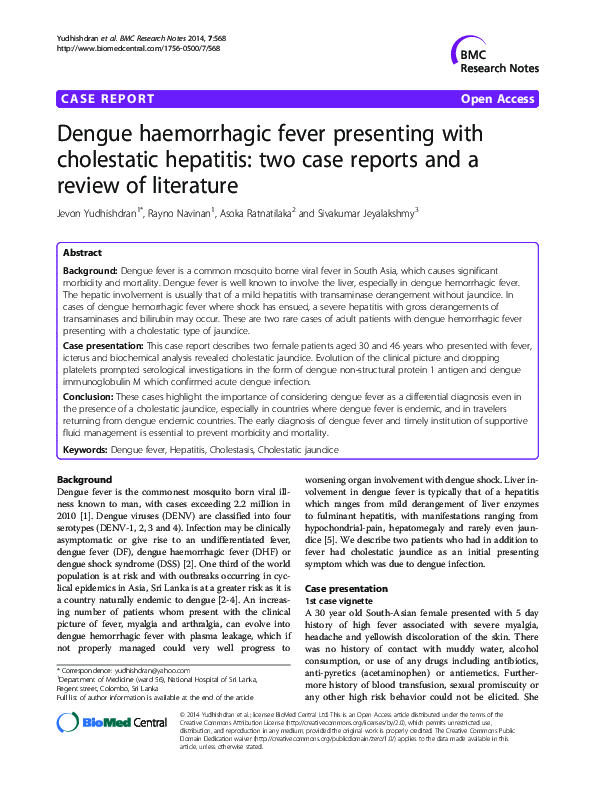 (PDF) Dengue haemorrhagic fever presenting with cholestatic hepatitis: two case reports and a ...