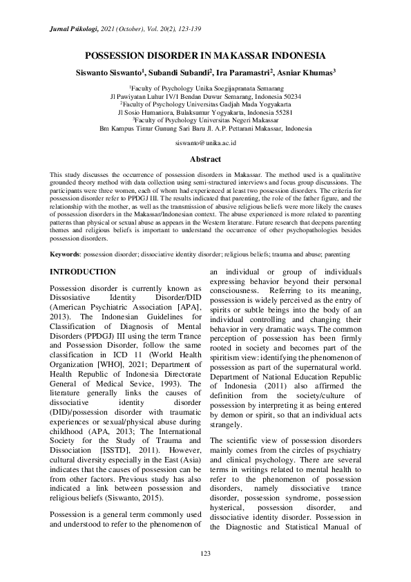(PDF) Possession Disorder in Makassar Indonesia