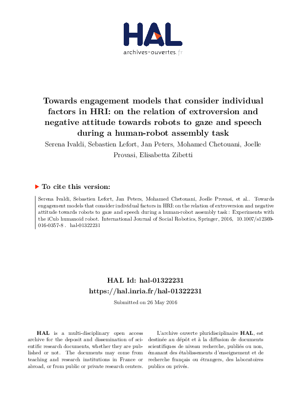 (PDF) Towards Engagement Models that Consider Individual Factors in HRI: On the Relation of ...