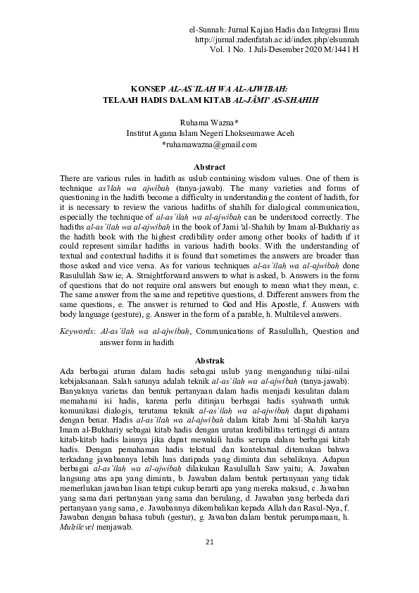 (PDF) Konsep Al-As`Ilah Wa Al-Ajwibah: Telaah Hadis dalam Kitab Al-Jami ...