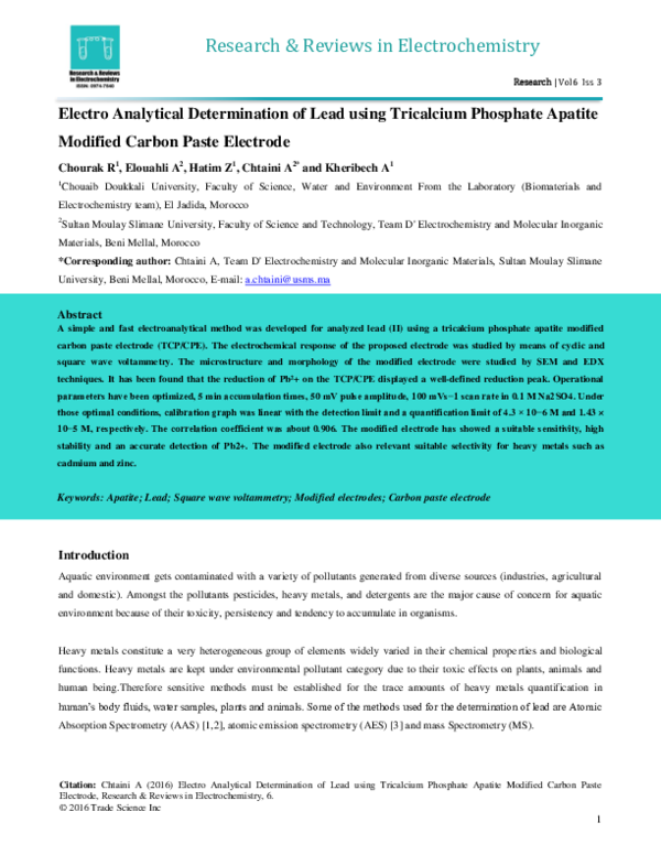 (PDF) Electro Analytical Determination of Lead using Tricalcium Phosphate Apatite Modified ...