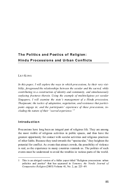 (PDF) The Politics and Poetics of Religion: Hindu Processions and Urban ...