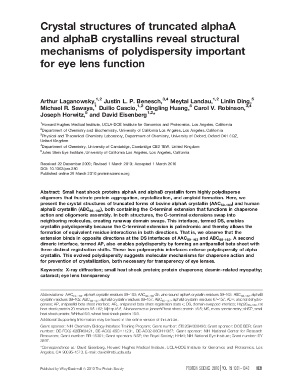 (PDF) Crystal structures of truncated alphaA and alphaB crystallins ...