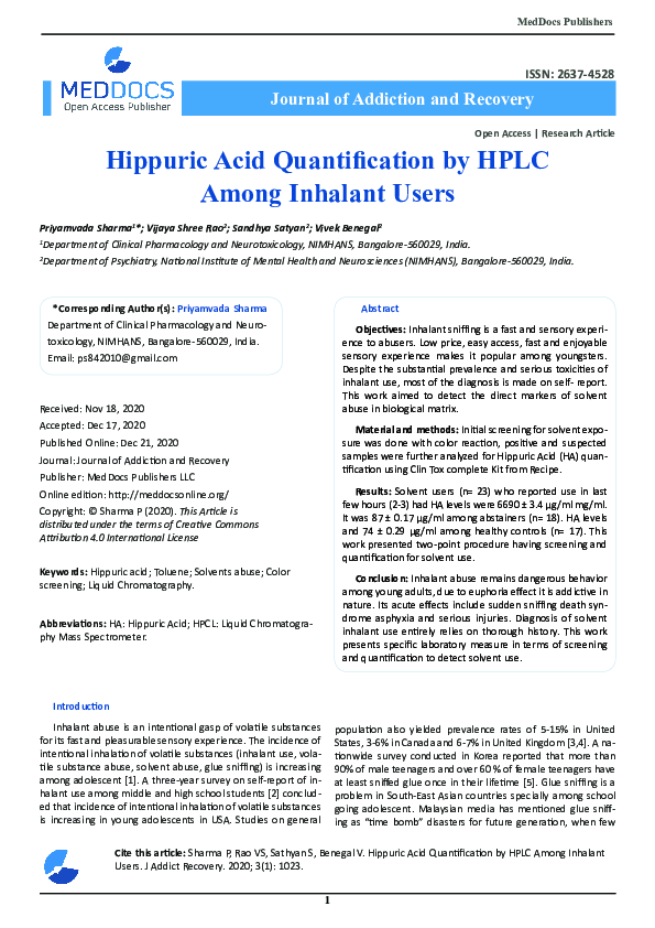 (PDF) Hippuric Acid Quantification by HPLC Among Inhalant Users