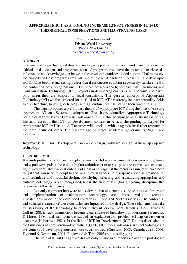 (PDF) Appropriate ICT as a Tool to Increase Effectiveness in ICT4D: Theoretical considerations ...