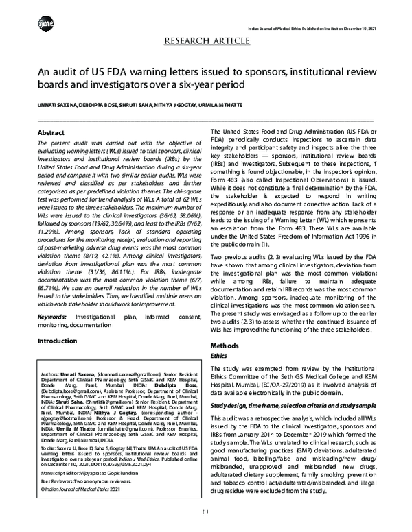 (PDF) An audit of US FDA warning letters issued to sponsors ...
