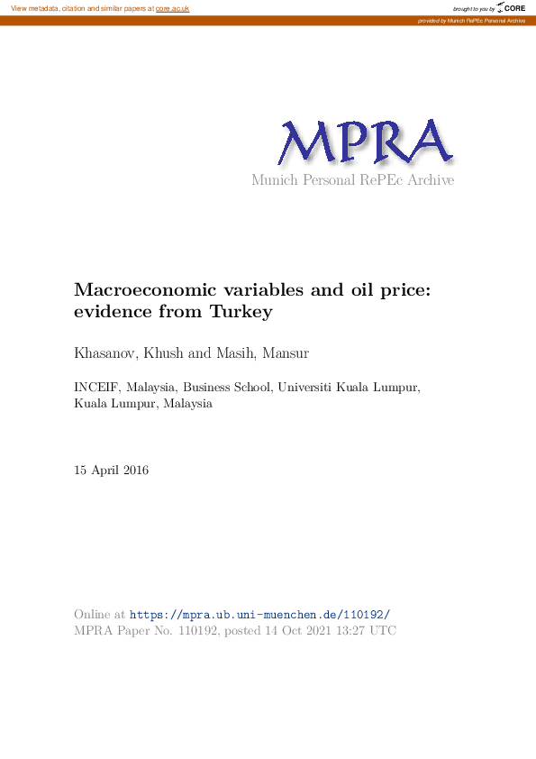 Pdf Macroeconomic Variables And Oil Price Evidence From Turkey