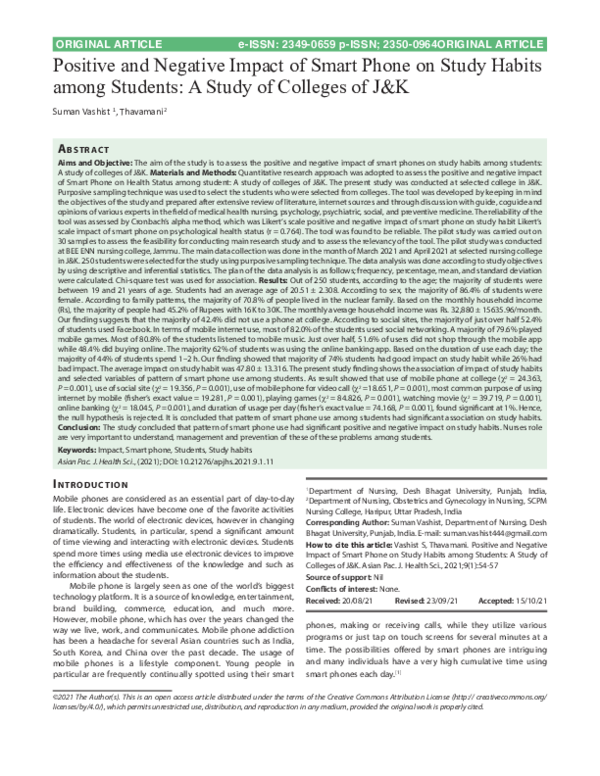 (PDF) Positive and Negative Impact of Smart Phone on Study Habits among ...