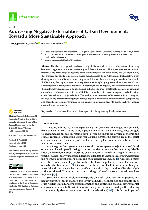(PDF) Addressing Negative Externalities of Urban Development: Toward a ...