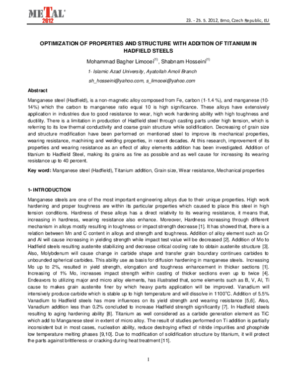 (PDF) Optimization of Properties and Structure with Addition of Titanium in Hadfield Steels