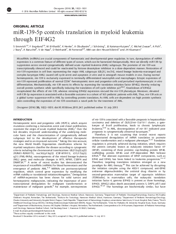 (PDF) miR-139-5p controls translation in myeloid leukemia through EIF4G2