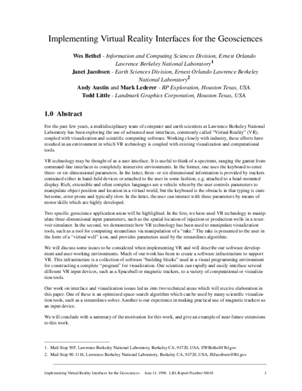 Pdf Implementing Virtual Reality Interfaces For The Geosciences W